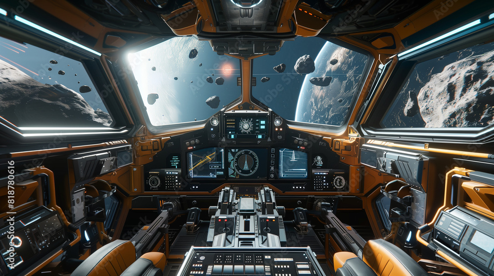 Interior of spaceship pilot cockpit seat with control cabin interface ...