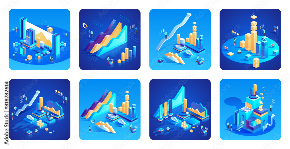 Isometric business plan development and data analysis. Vector ...