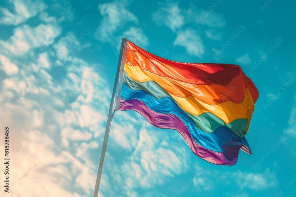 Rainbow Pride Flag Waving Majestically Against A Cloudy Blue Sky