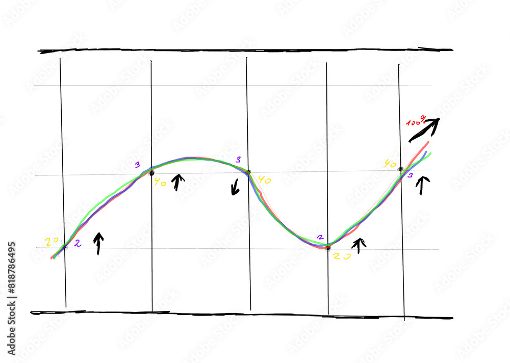 Hand-drawn multicolored lines on a graph with annotations and arrows on ...
