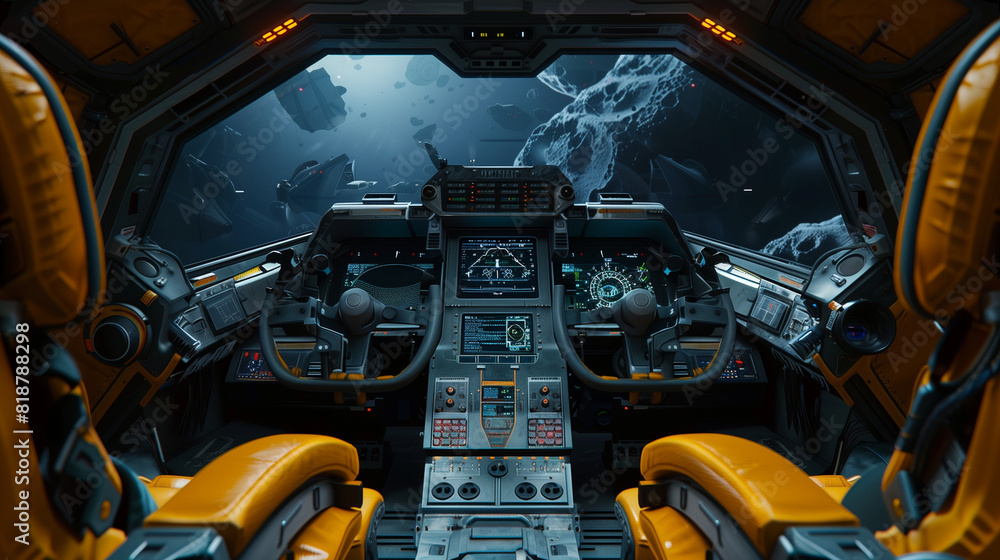 Interior of spaceship pilot cockpit seat with control cabin interface ...