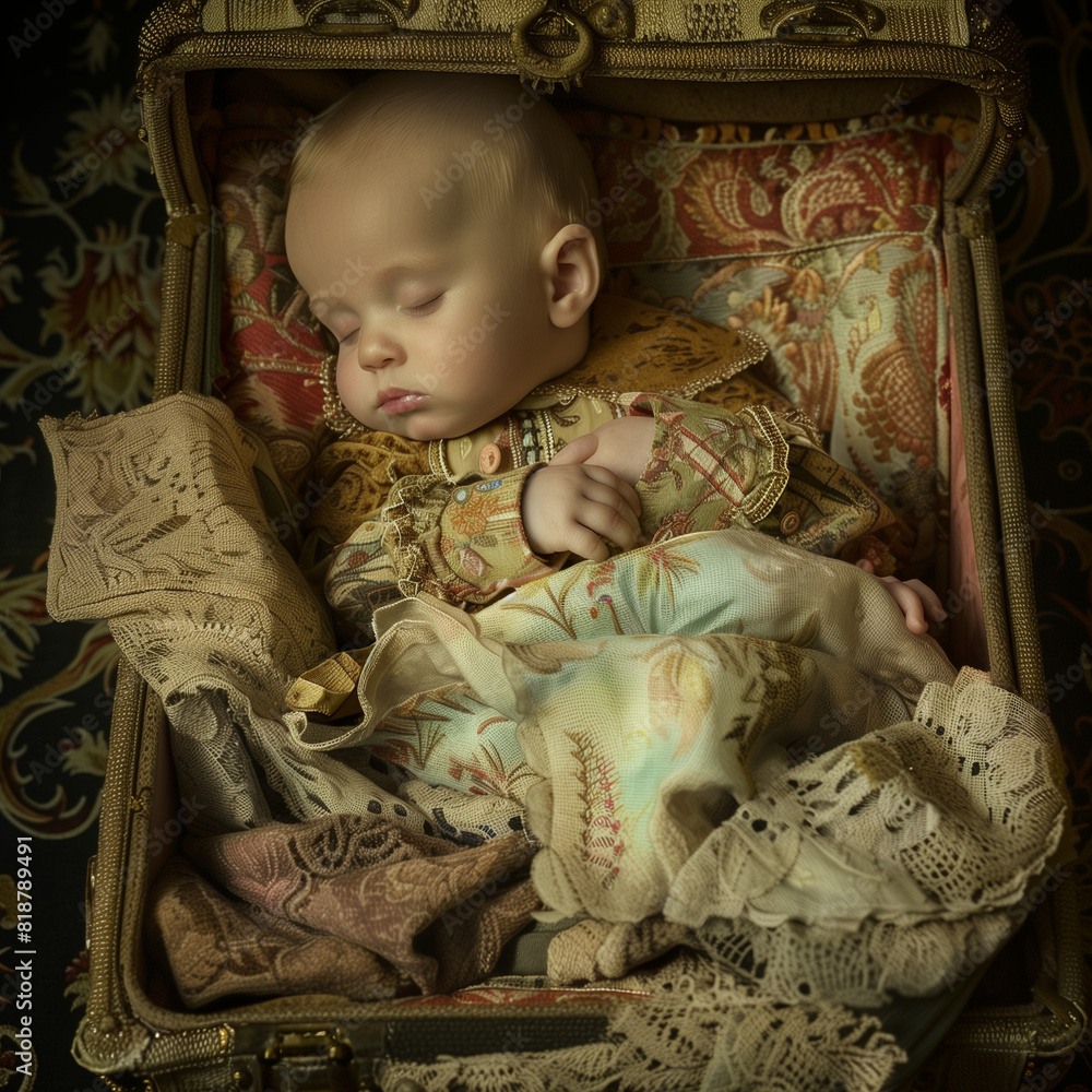Photorealistic baby in an antique suitcase, dressed in the style of a ...
