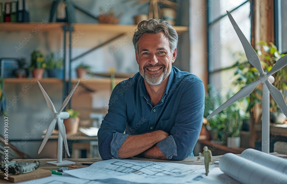 contented man reclining with a blueprint next to a desk model of a wind ...