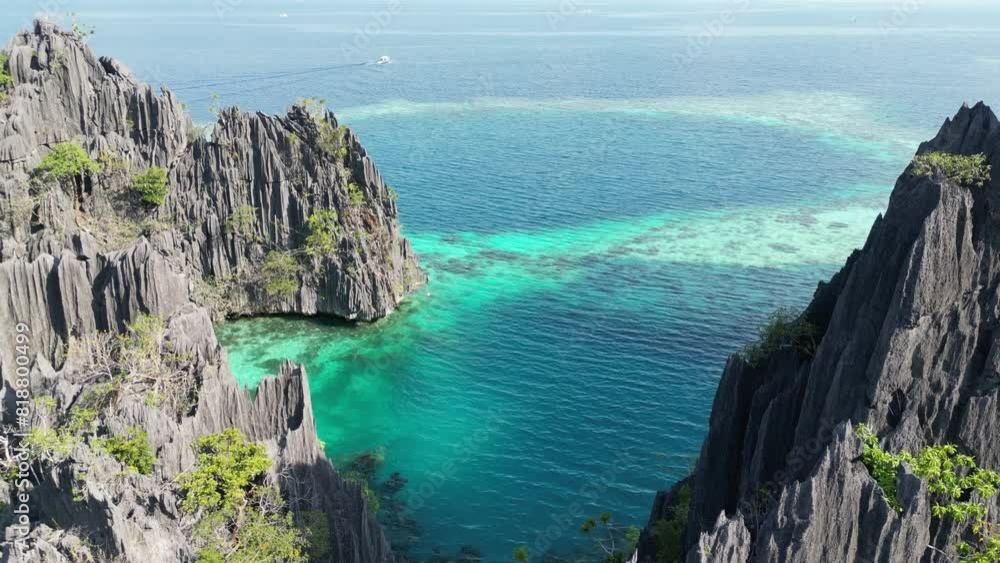 Drone footage of the limestone cliffs of Coron Island in the Calamian ...