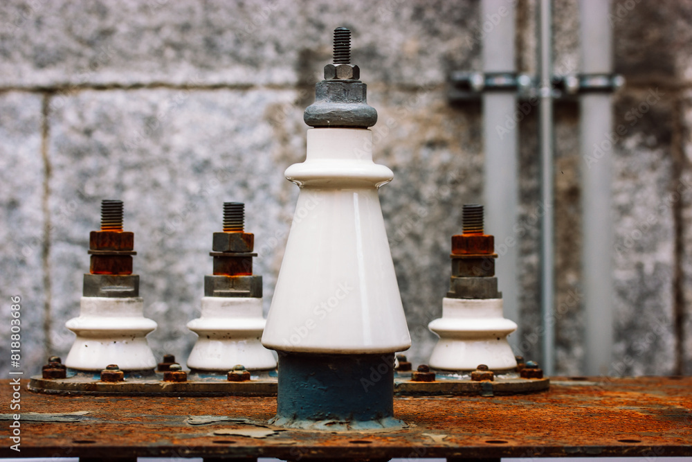 Old rusty bolts, steel nuts on white background. A large rusted bolt ...