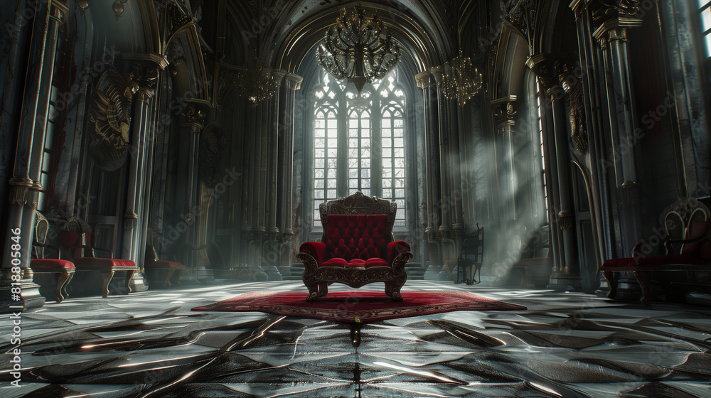 Interior of fantasy evil demon haunted house with empty throne smoke ...