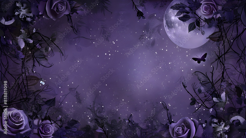 gothic purple and black background with rose, thorny vines and flying ...