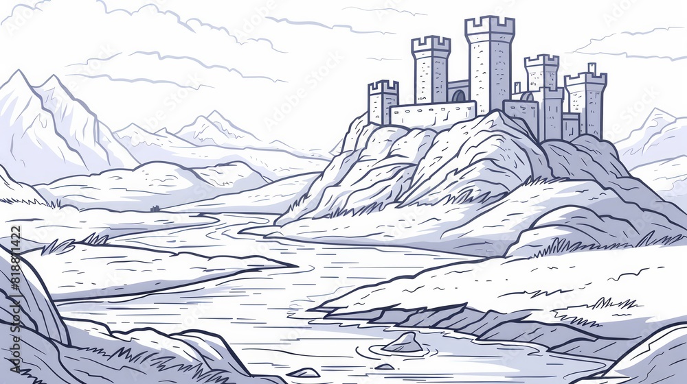 An elegant line art drawing of a majestic castle perched atop a hill ...