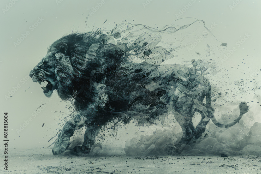 Illustration of a lion with a fragmented silhouette, pieces of its form ...