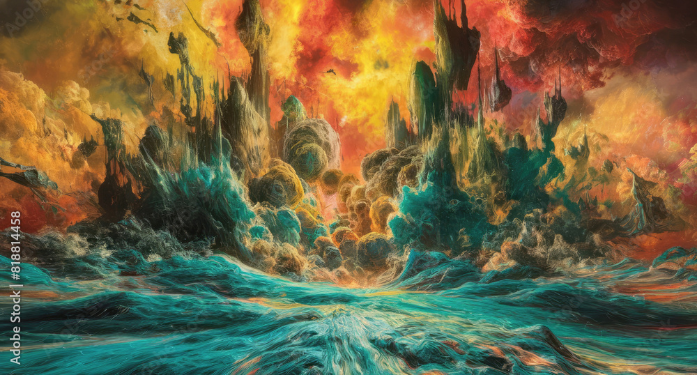 The scene is an explosion of colors with a sky ablaze, Landscape that ...