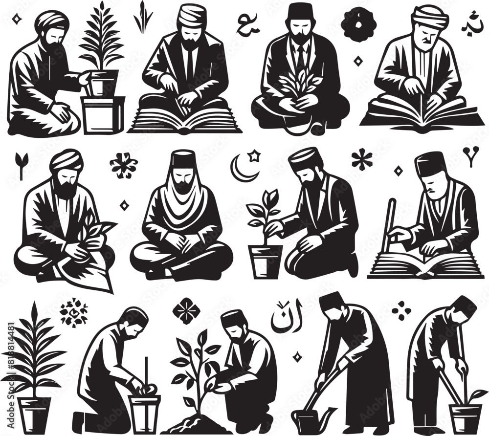 Islamic man planting trees vector silhouette illustration. Stock Vector ...