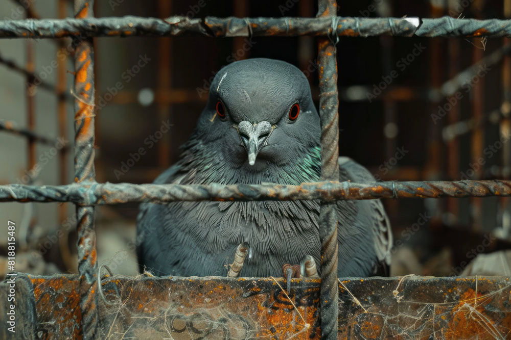 Dynamic image of a bird trapped in a distorted birdcage, the twisted ...