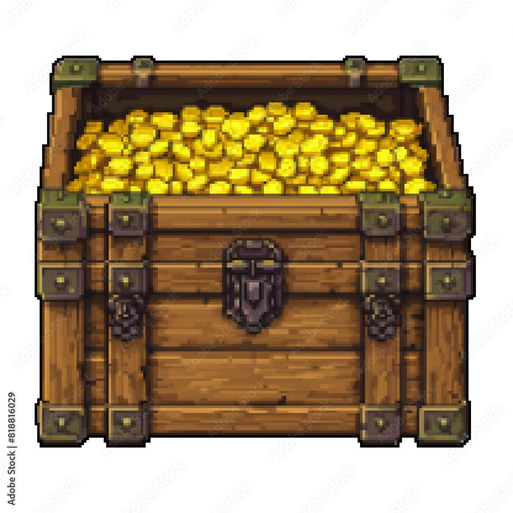 Open Pixel Art Treasure Chest Overflowing with Gold Coins - Retro 8-Bit ...