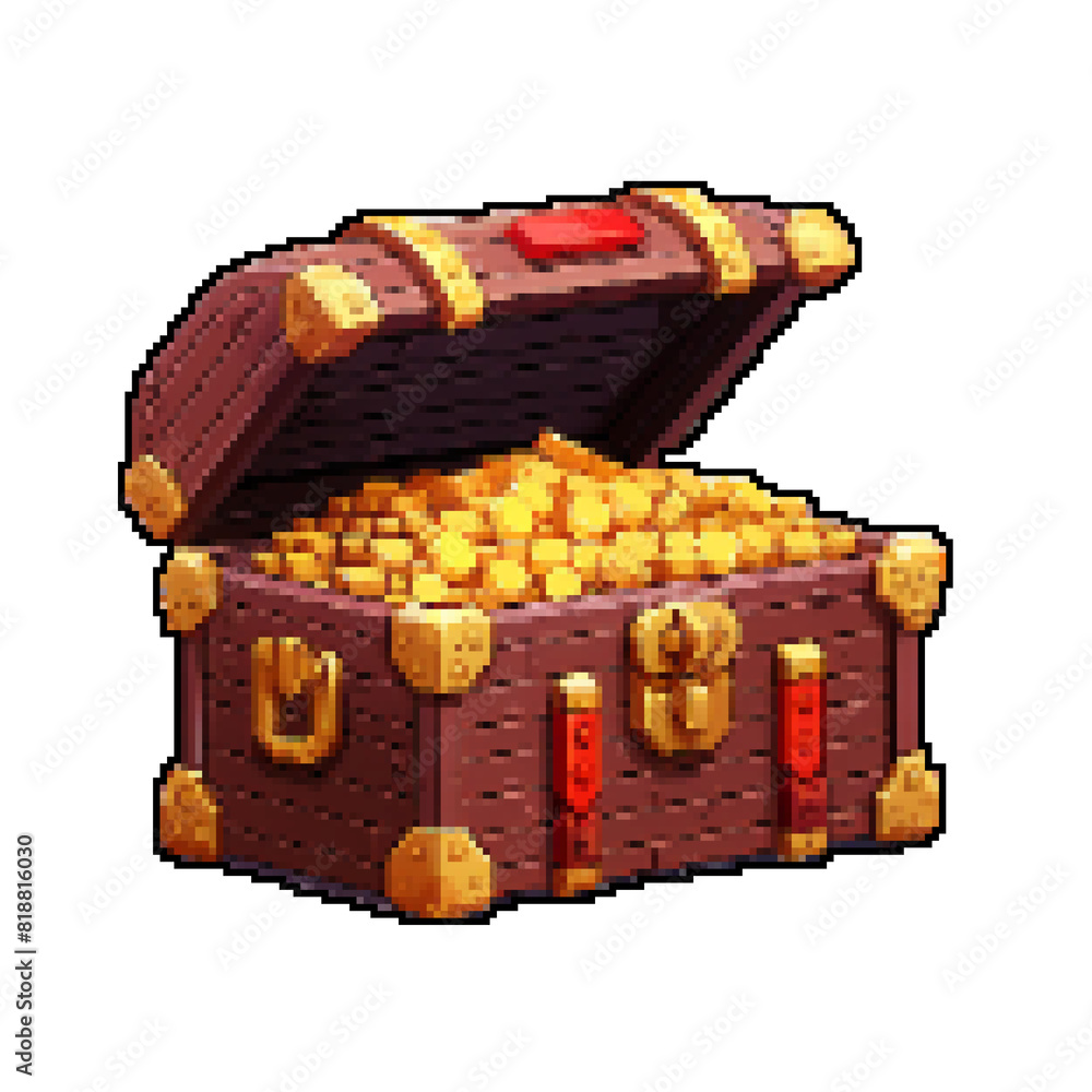 Open Pixel Art Treasure Chest Overflowing with Gold Coins - Retro 8-Bit ...