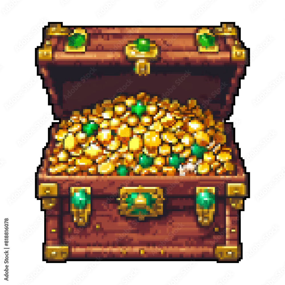 Open Pixel Art Treasure Chest Overflowing with Gold Coins - Retro 8-Bit ...