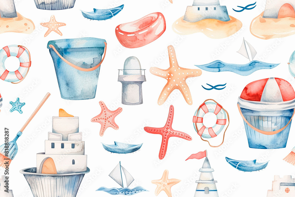 Seamless beach-themed pattern with watercolor illustrations of ...
