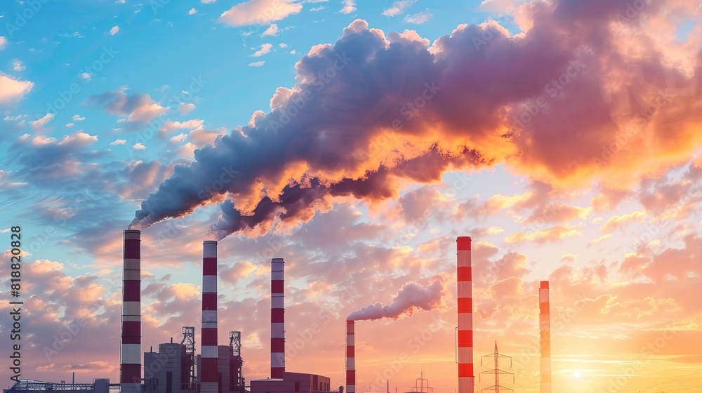 Tall chimneys of a factory with smoke rising and polluting the ...