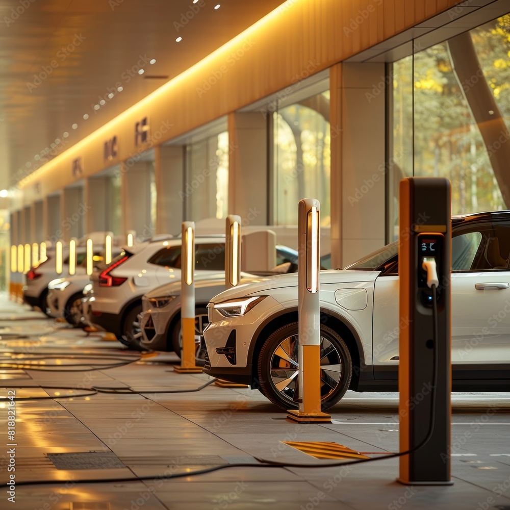 Hybrid car is charging at an electric vehicle charging station. The ...