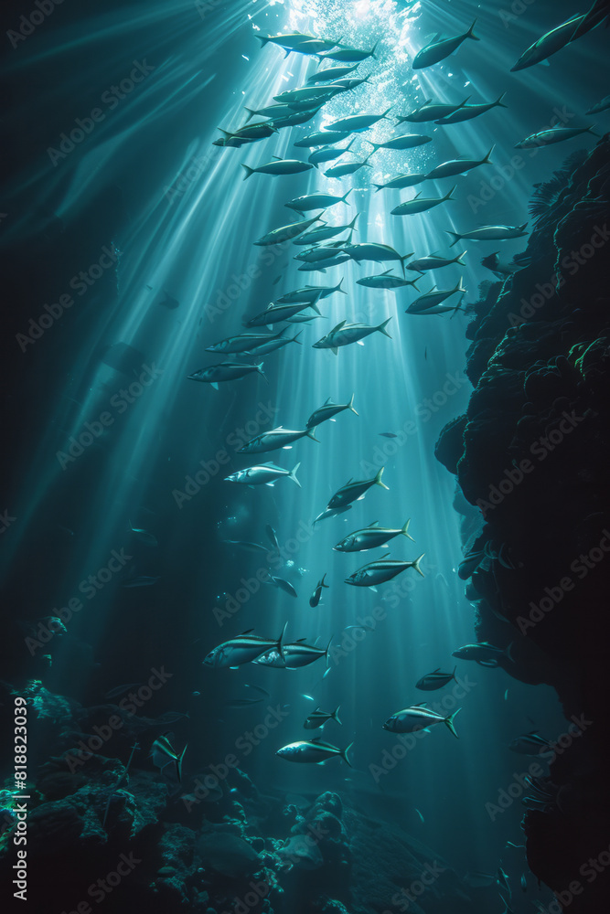 Scene of a group of swordfish leaping and diving in perfect harmony ...