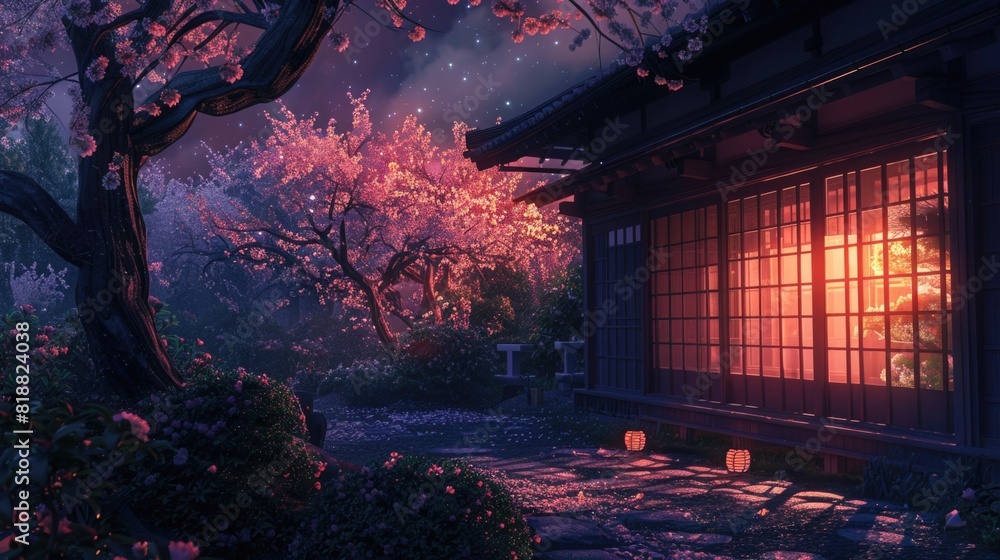 Ancient Japanese house. Lit window. Night with aurora borealis. Cherry ...