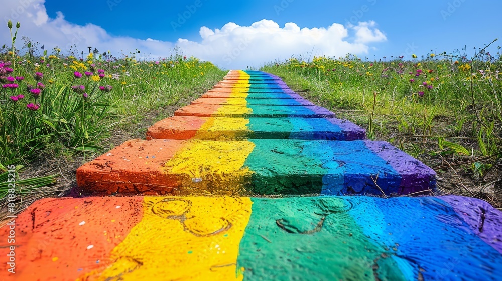 Rainbow-colored footprints on a path symbolize a journey to a bright ...