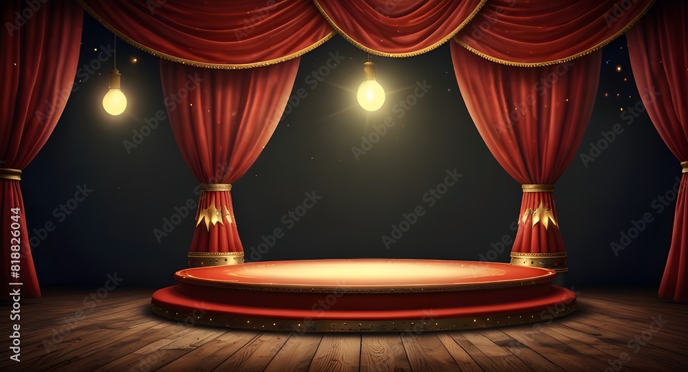 Circus stage podium background 3D carnival light red show curtain ...