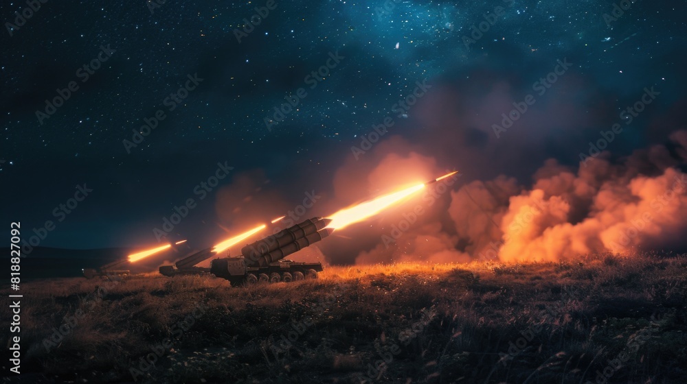 Artillery rocket systems fire at enemy positions at night. Multiple ...