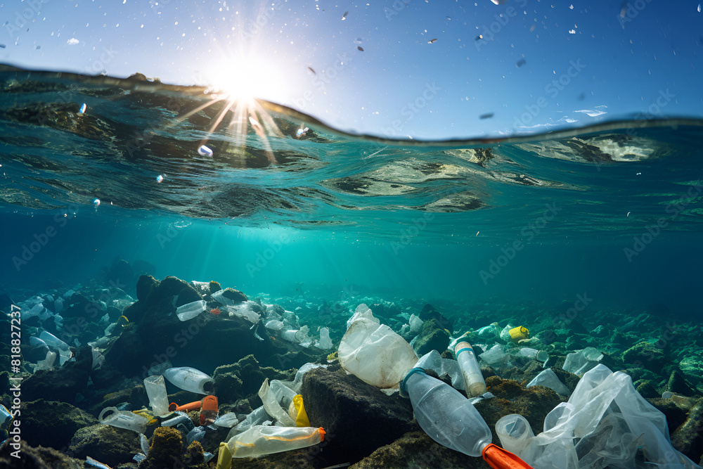 An underwater scene shows plastic pollution littering the ocean floor ...