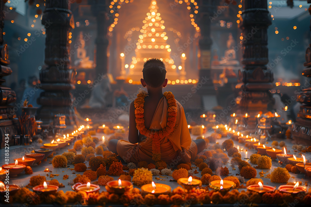 A family gathered around a beautifully decorated altar for Diwali puja ...