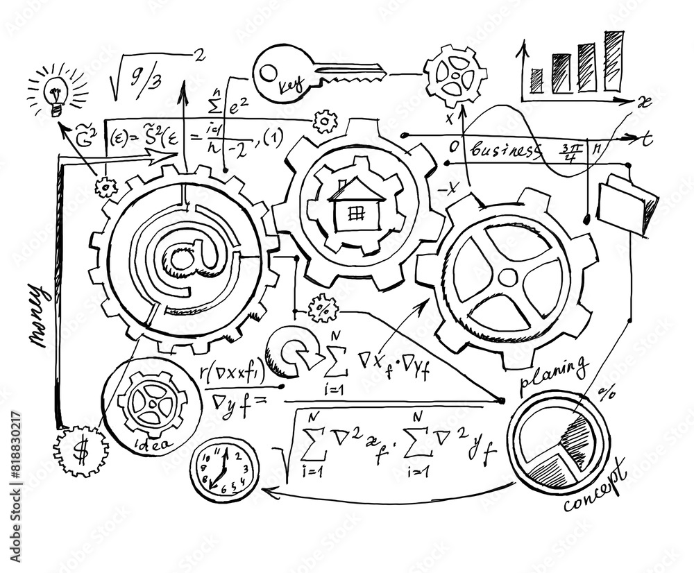 Hand-drawn illustrations of various gears, math equations, and business ...