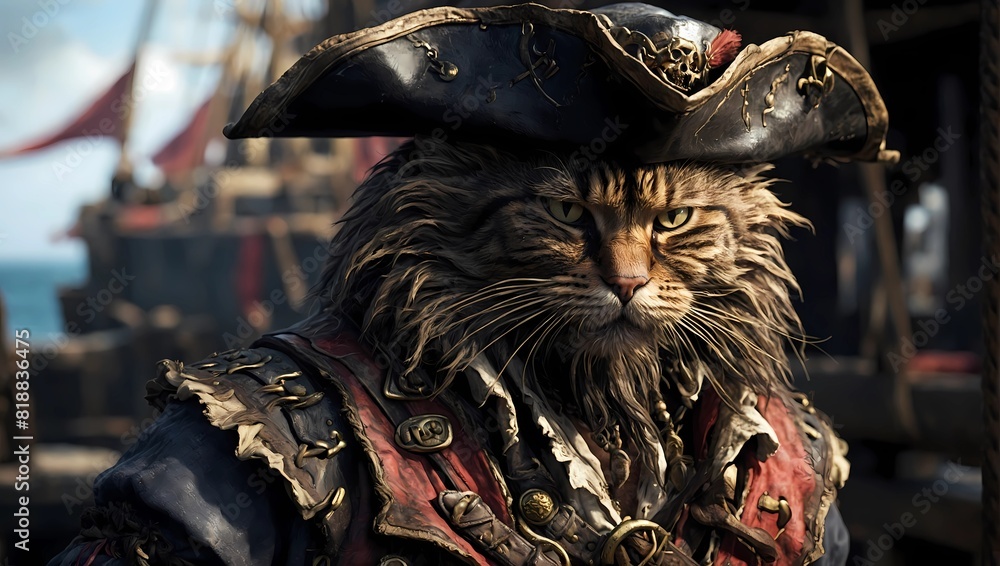 Blackbeard's famous pirate cat wears a pirate outfit. His weathered ...