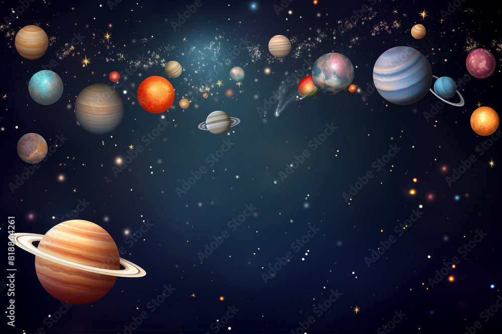 A vibrant depiction of the solar system with various planets, stars ...