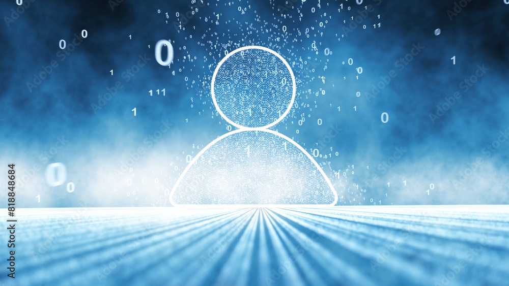 Artistic digital person icon on binary glowing blue cyberspace ...