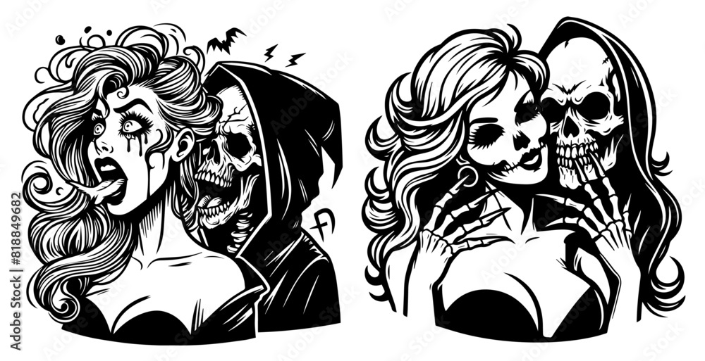 retro pinup girl grim reaper scary halloween horror, , black vector ...
