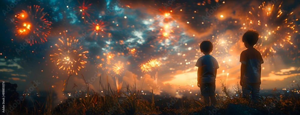 Children watching fireworks with awe, illuminated by the colorful ...