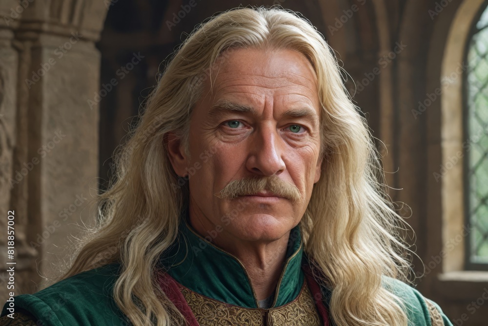 Half-length portrait of a 60-year-old human male noble with long blonde ...
