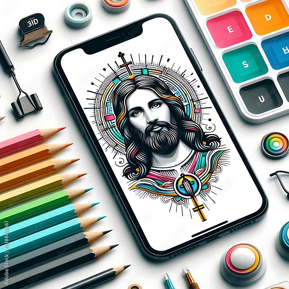 A phone with a drawing of a jesus christ on the screen art meaning ...