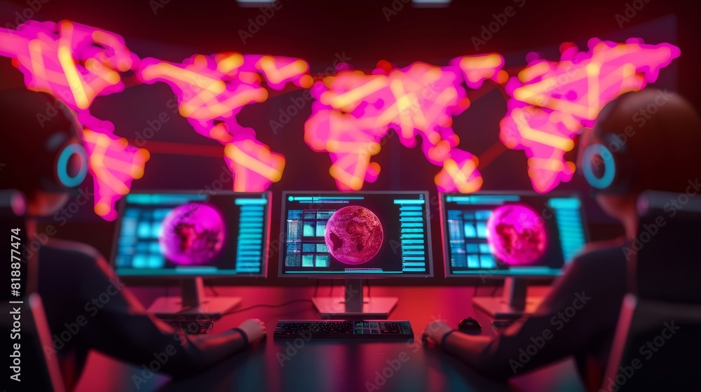 Cybersecurity analysts monitor global cyber threats on multiple ...