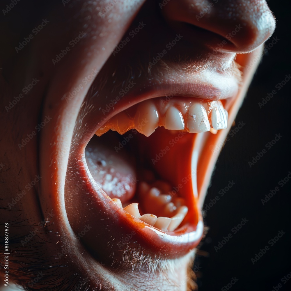 Image of a mouth tightly closed in anger, jaw clenched, focusing on the ...