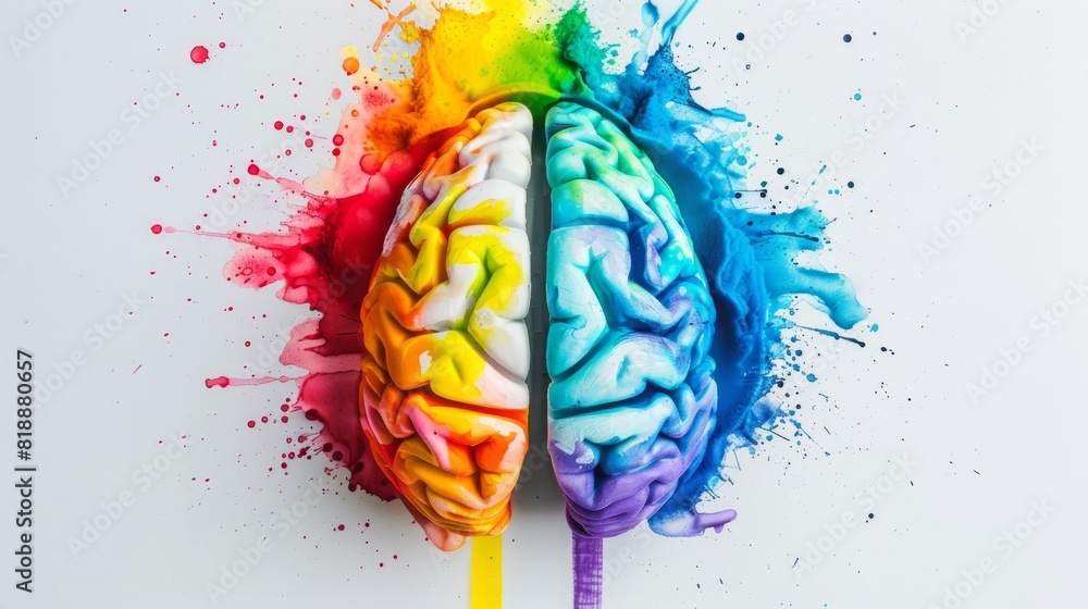 Human brain split into two halves with a vibrant paint splatter effect ...