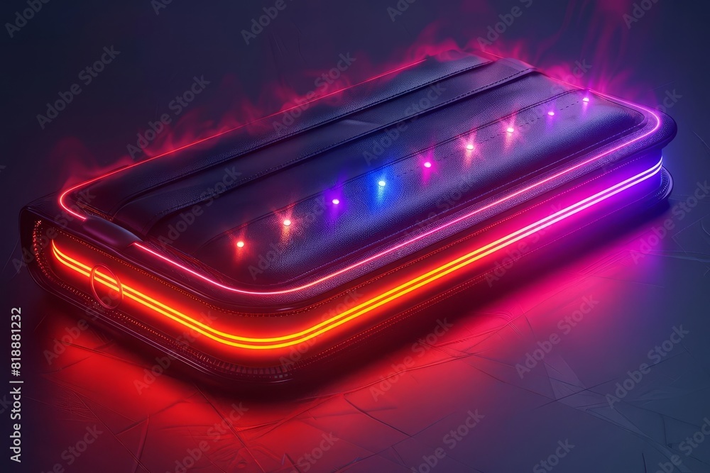 A glowing neon wallet. The wallet is made of black leather and has a ...