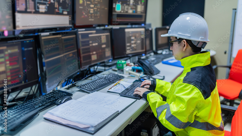 Inside the large Industry Factory Female Computer Engineer Works on ...