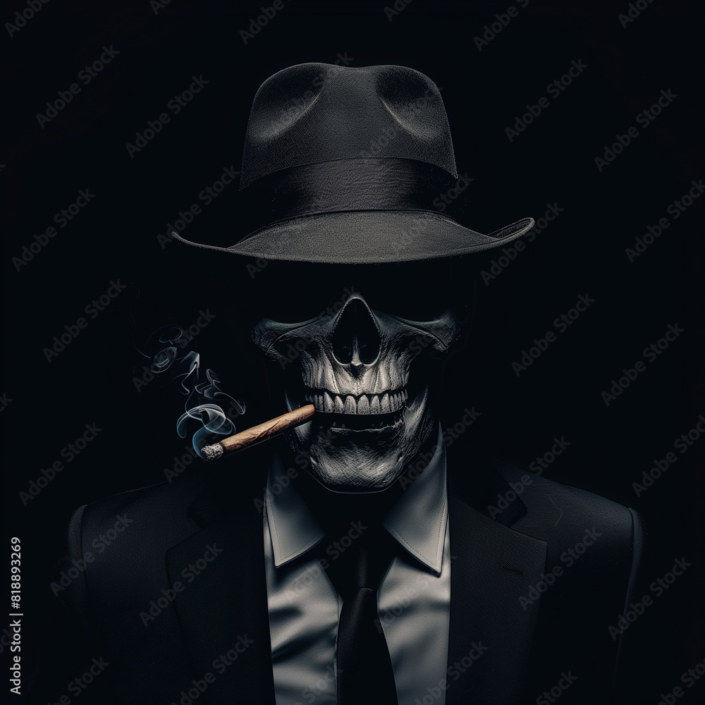 mafia skeleton wearing black hat smoking cigar and business suit ...