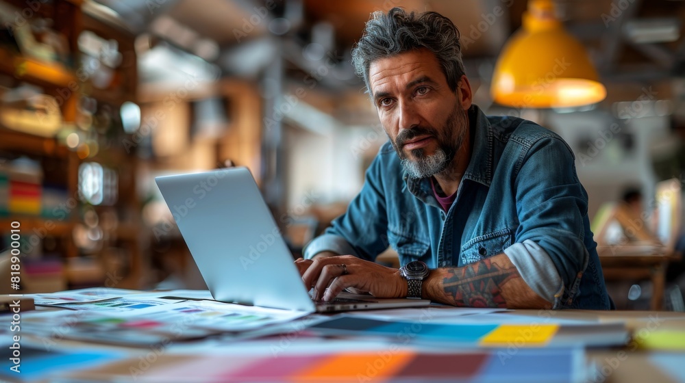 Image of an interior designer presenting color samples atop a laptop ...