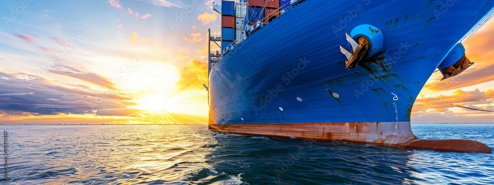 Close up of large blue merchant crago ship in the middle of the ocean ...