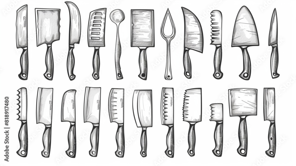 Kitchen and meat cutting knives set. Cleaver chef and butcher tools ...