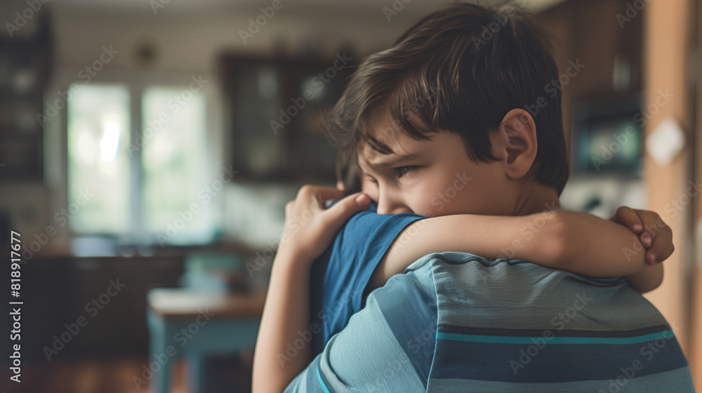 Backside of a big brother is hugging and calming a crying little ...