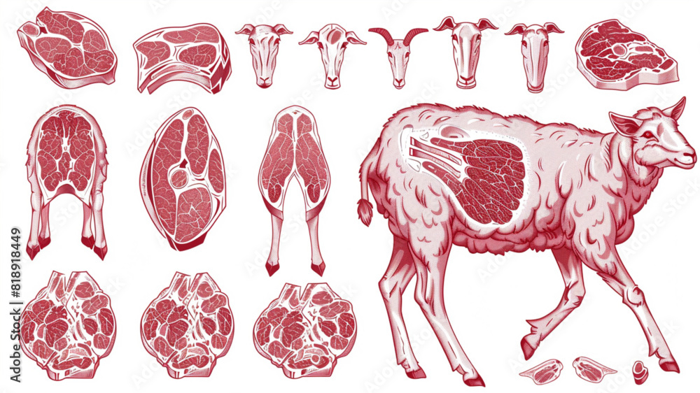 Lamb cutting. Sheep meat chart cut guide for butcher shop or restaurant ...