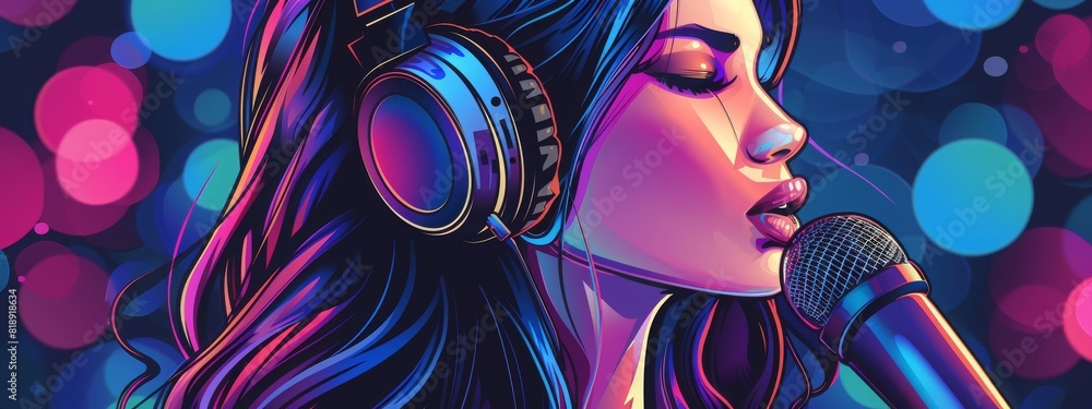 Young girl singer in a recording studio. Microphone and headphones ...