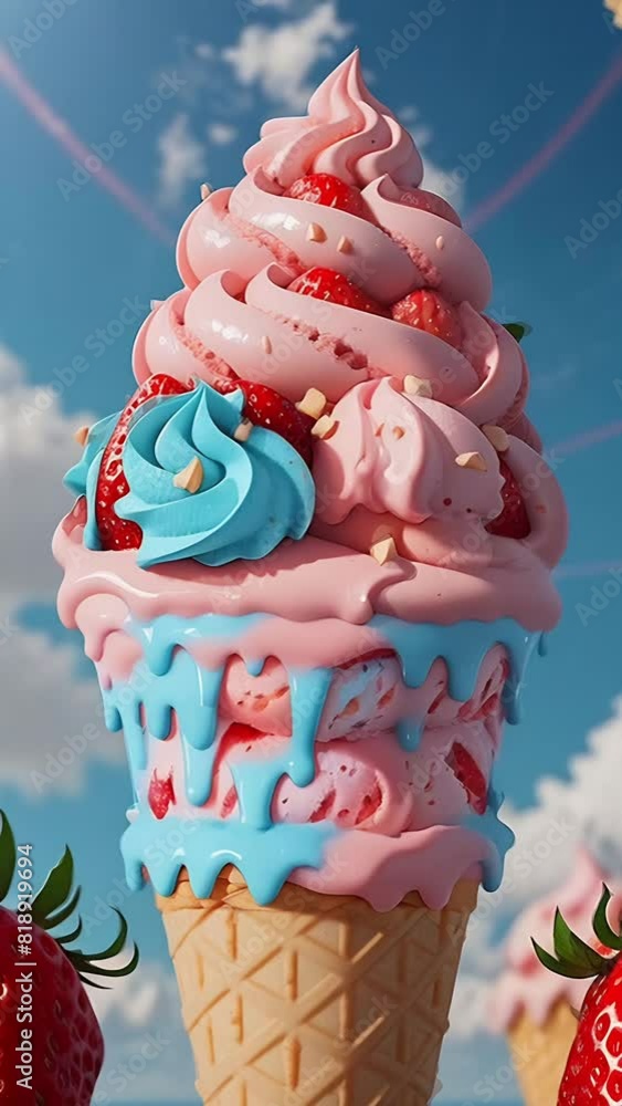 Generative AI animation of transforming strawberry ice cream in a cone ...